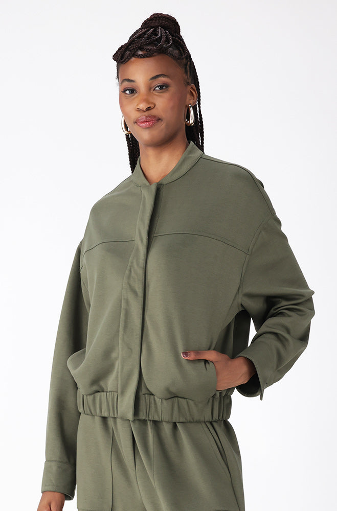 Sofia Soft Touch Scuba Bomber Top _ 156905 _ Fatigue – Dunns